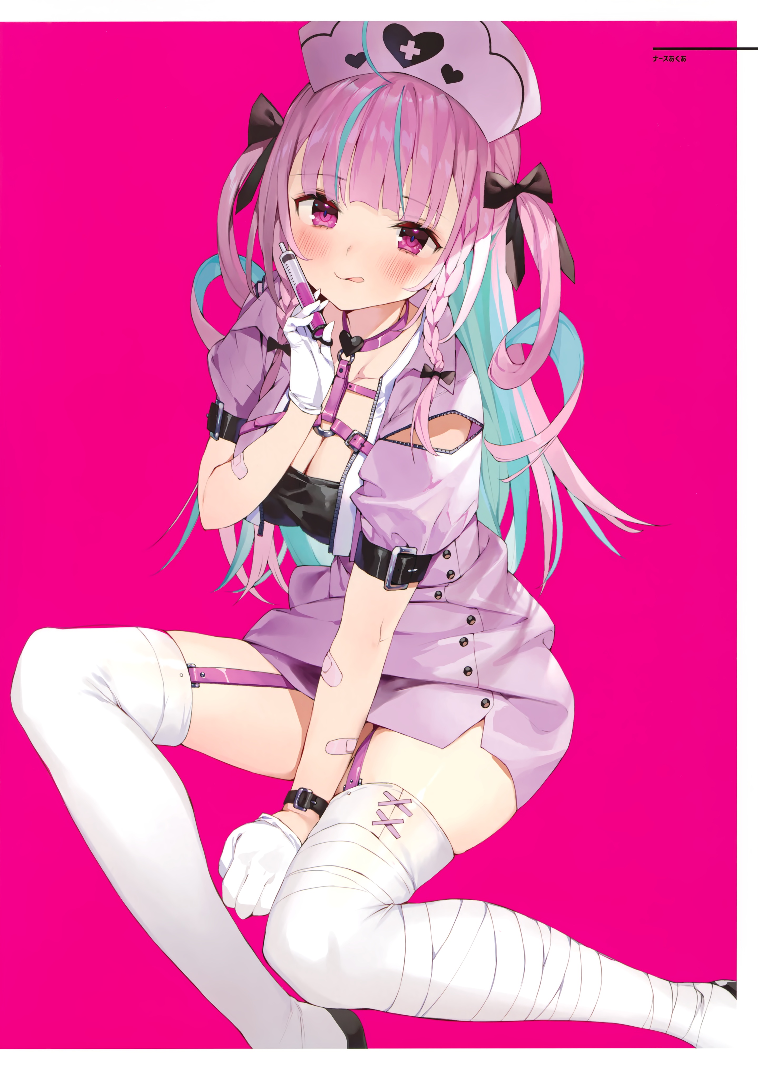 macaron taitei gaou hololive minato aqua bandages cleavage nurse skirt lift stockings thighhighs ...